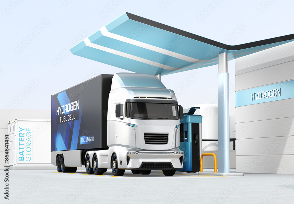 Fuel Cell Truck refueling in Hydrogen Station. The station equipped ...