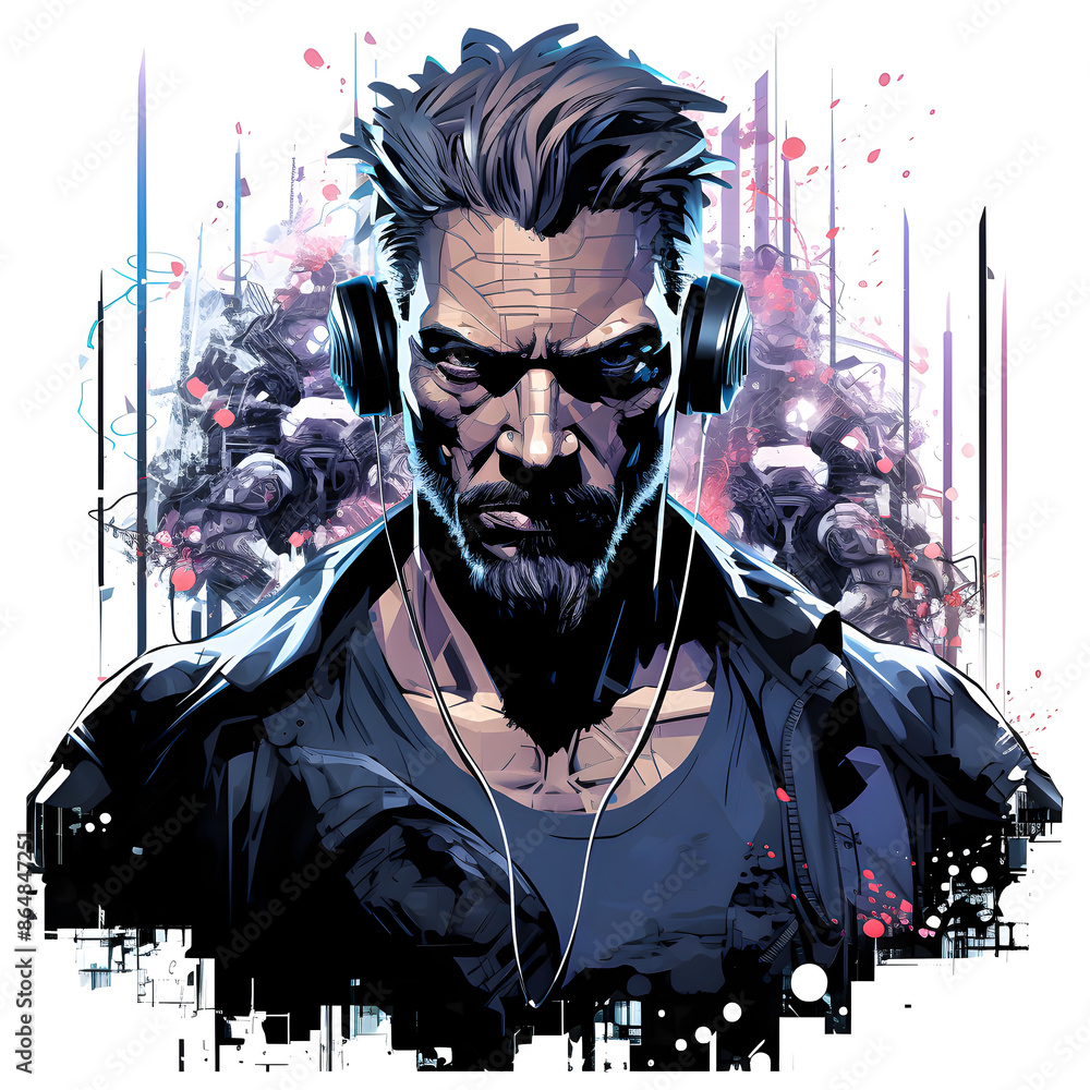 T-shirt design of a cyberpunk data prophet, digital oracle, prophetic ...