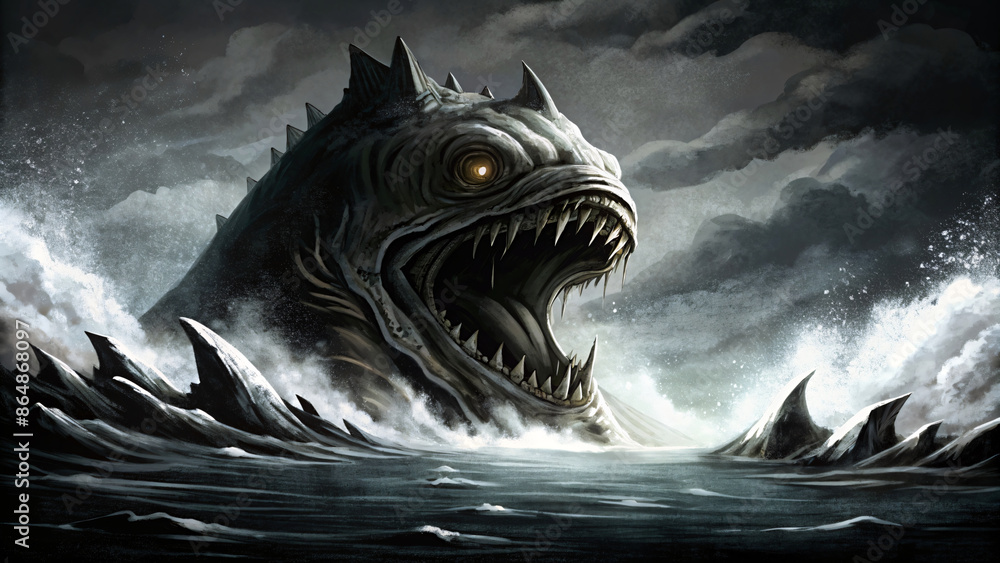 Black silhouette of a sea monster in ocean Stock Illustration | Adobe Stock