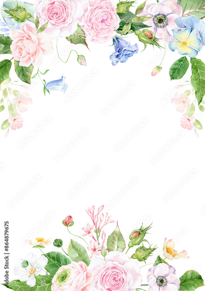 watercolor summer flowers frame, botanical border, watercolor floral ...