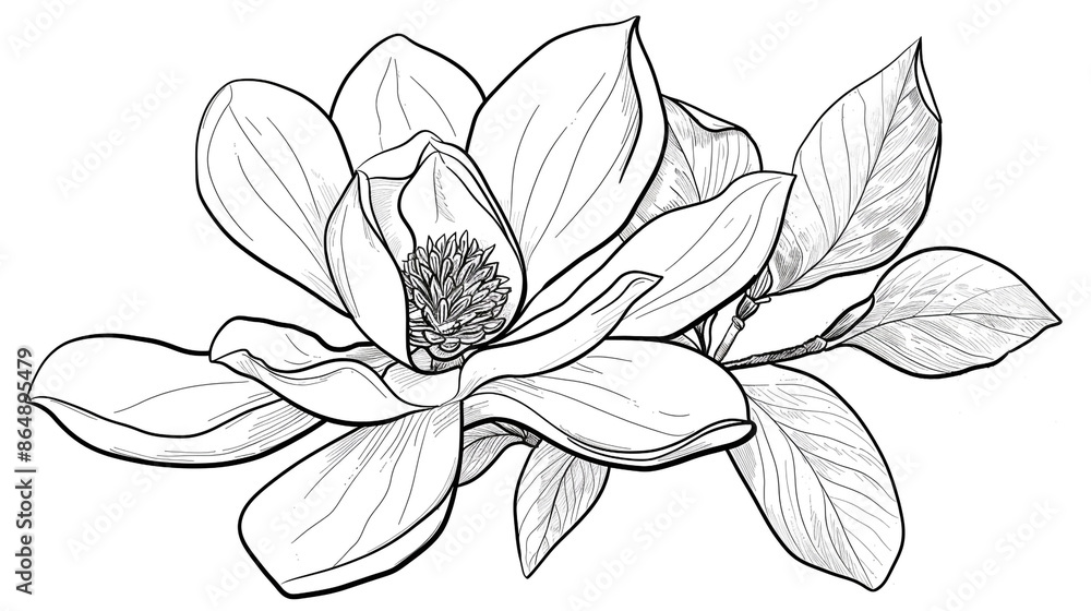 Cartoon magnolia flower, outlined for coloring, on a white background ...
