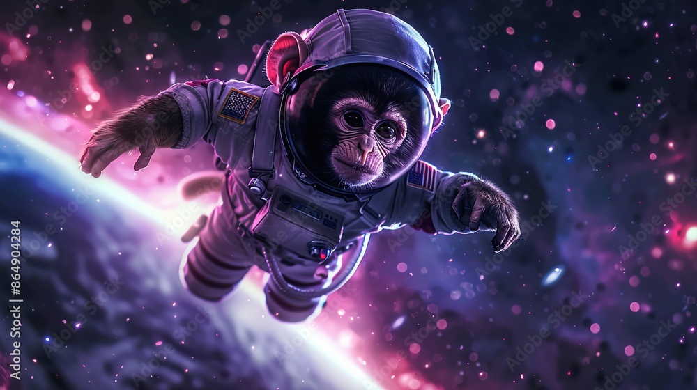 Cute monkey in space wearing spacesuit. Exploration concept, space ...