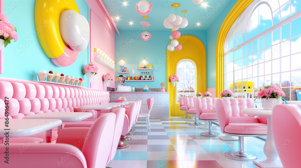 Cute vintage ice cream parlor interior with a pink and blue color ...
