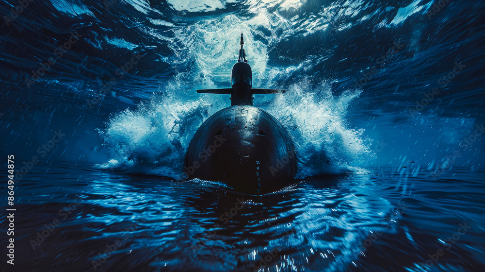 A submarine surfaces through the ocean, creating a dramatic wave and ...