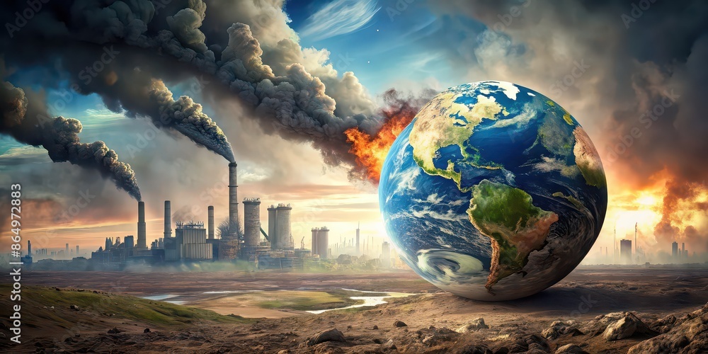 Destroyed earth due to industrial pollution and global warming, climate ...