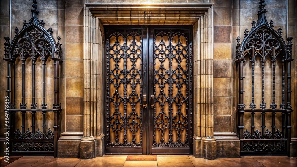 Gothic-style elevator door with wrought iron details in historical ...