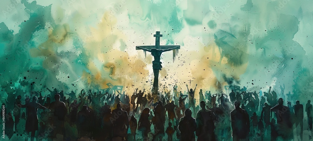 Jesus Christ on cross surrounded by crowd people, green watercolor ...