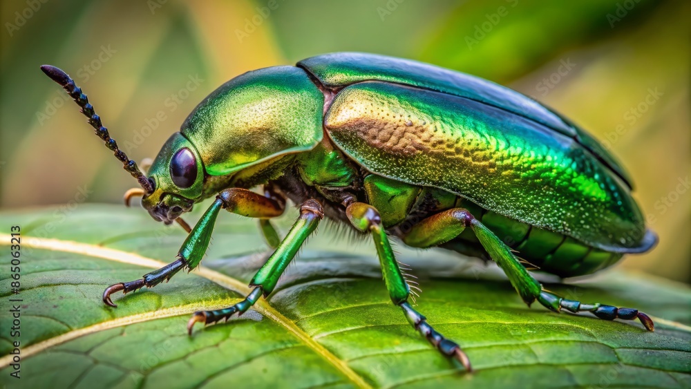 A solitary, metallic-green swollen-thighed beetle, female, perches on a ...
