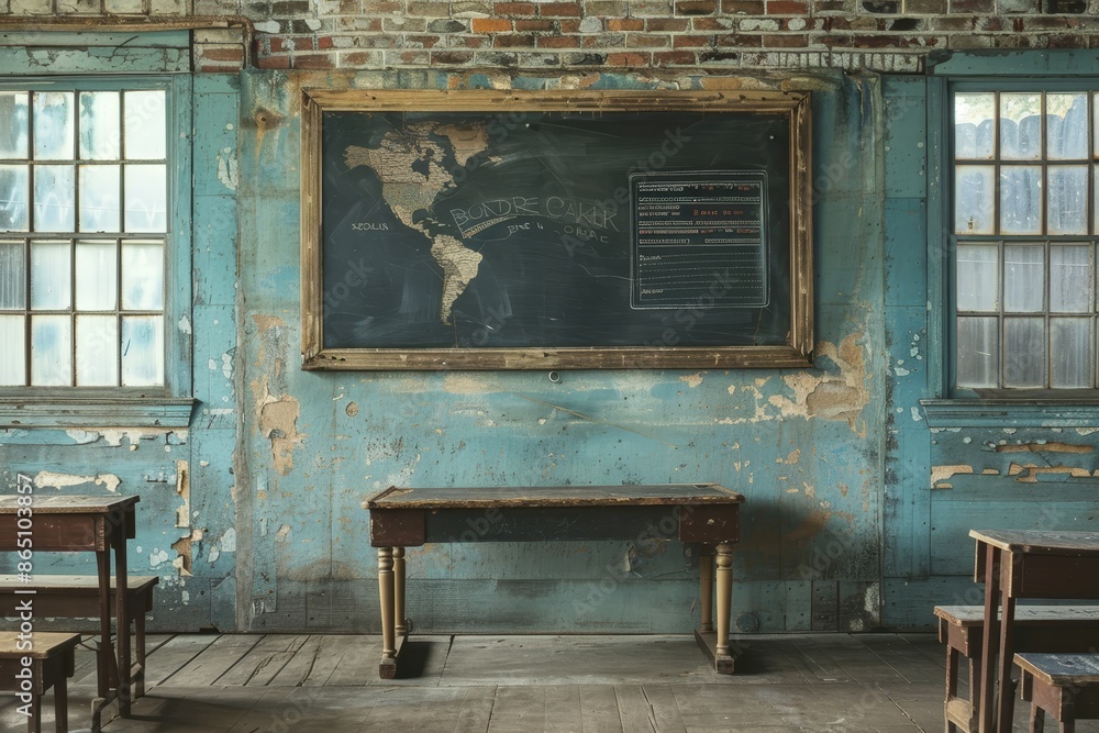 An old classroom with a world map hanging on the wall, showcasing ...