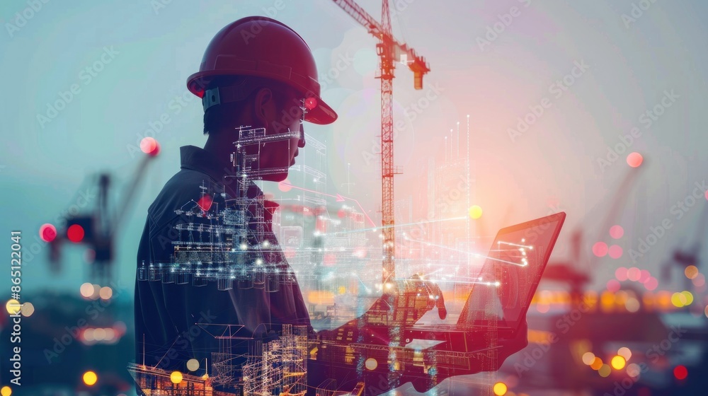 Engineer holds laptop with construction technology icon graphics ...