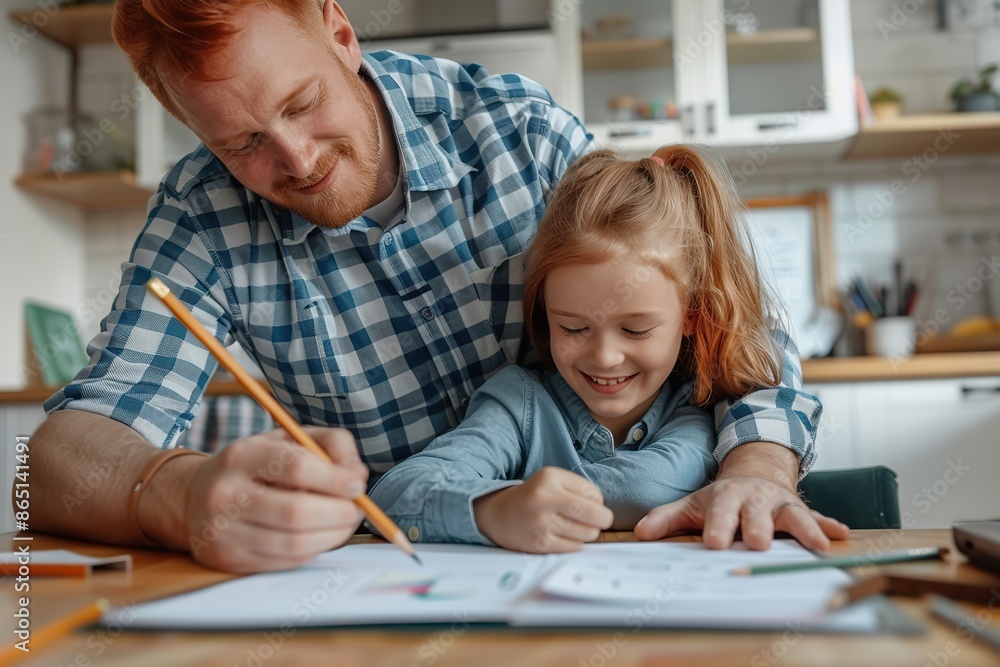 Dad and daughter are doing their homework. Young Father helping little ...