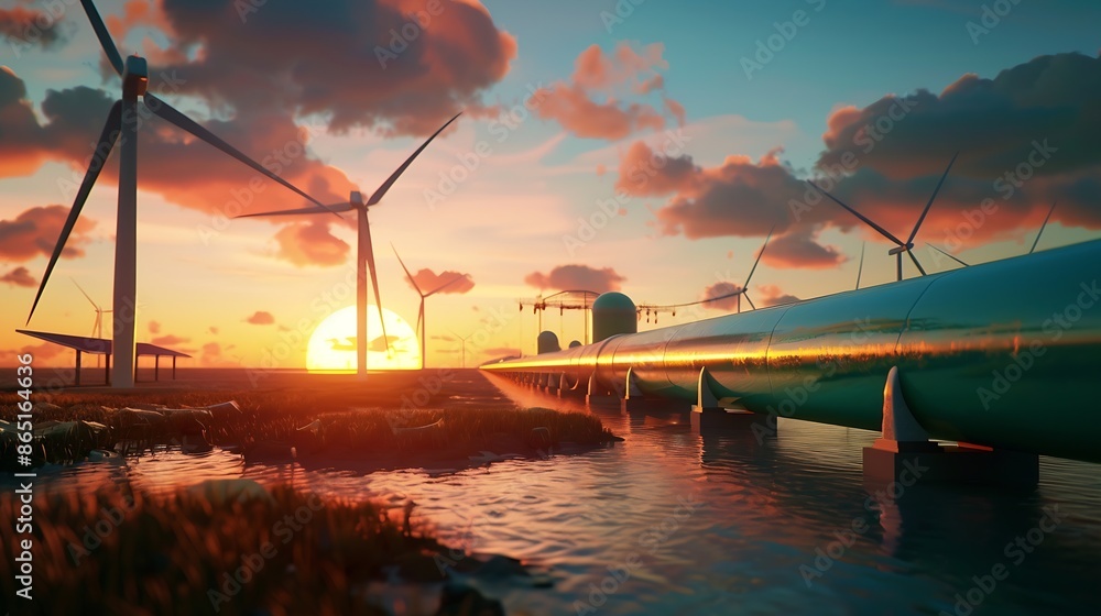 Foto de Stock Green Hydrogen renewable energy production pipeline green hydrogen gas for clean ...