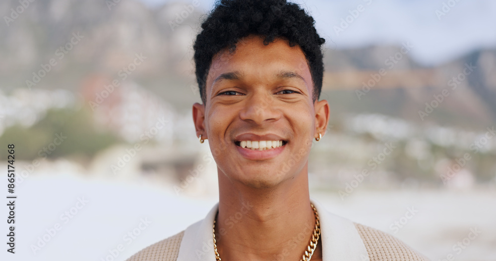 Face, Mexican man and happy at beach on portrait for holiday, break and ...
