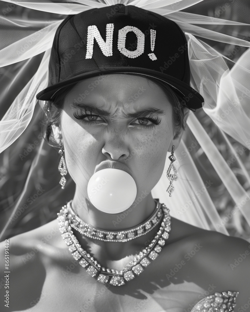 Black and white photograph of an angry bride blowing a bubble with gum ...