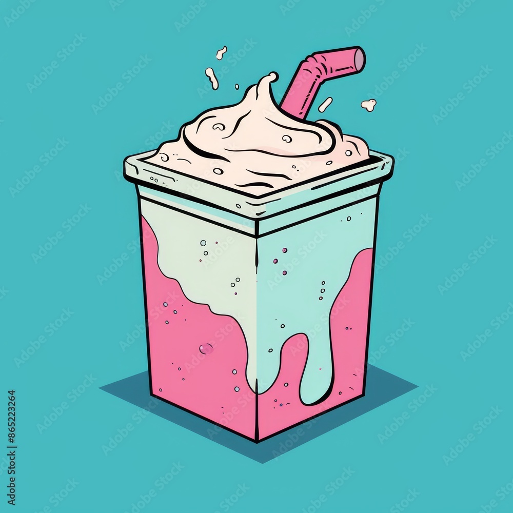90s style milkshake on aqua blue background, box tilted 45 degrees left ...
