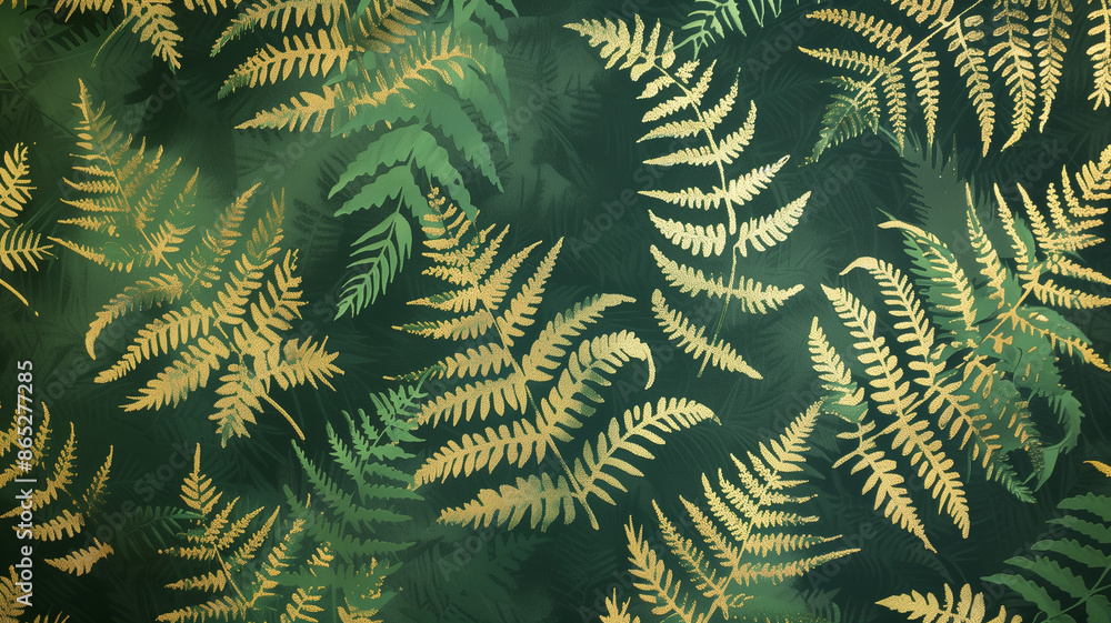 A deep forest green and gold fern pattern wallpaper, with each fern ...