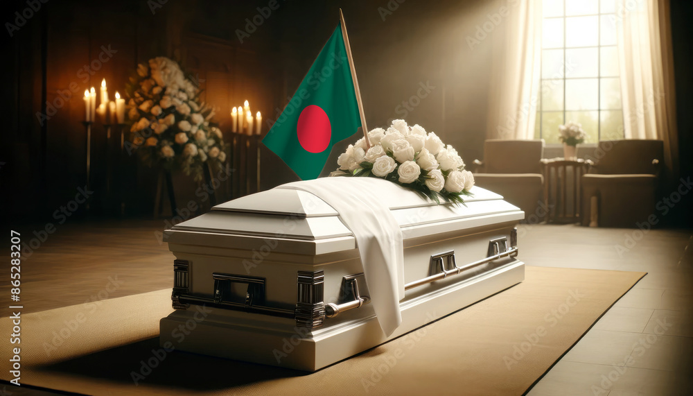 Stock-Illustration „Respect and remembrance: white roses adorn a coffin ...