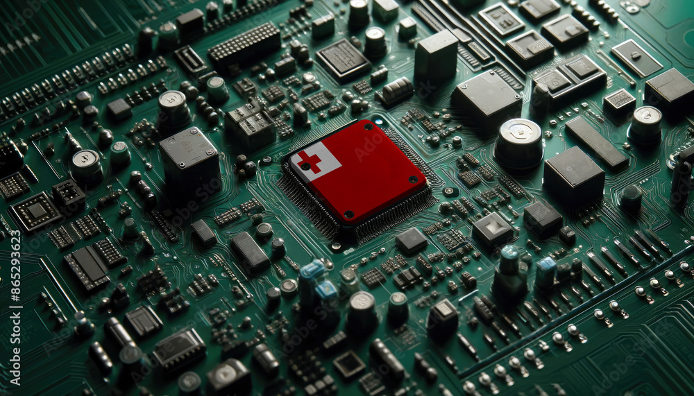 A detailed circuit board showcasing an Tonga flag on a central ...