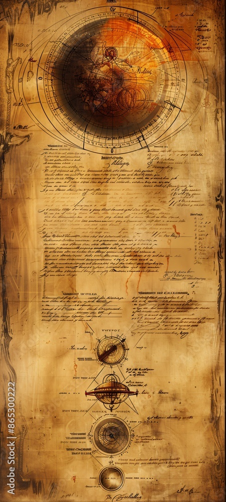 renaissance technical drawn sketch on old paper texture and old fantasy ...