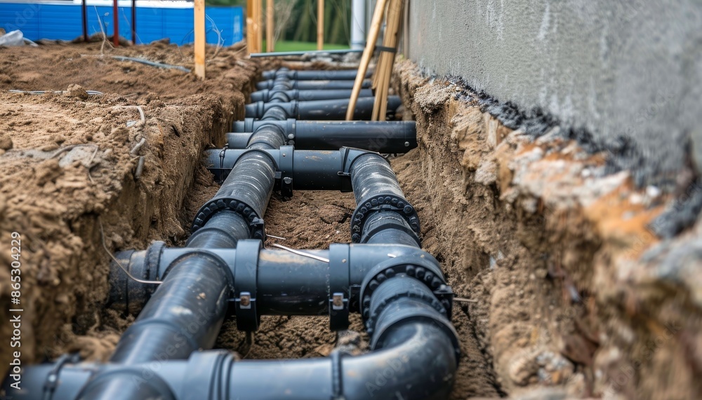 Photo Stock Installing drainage pipes for the building s sanitation ...