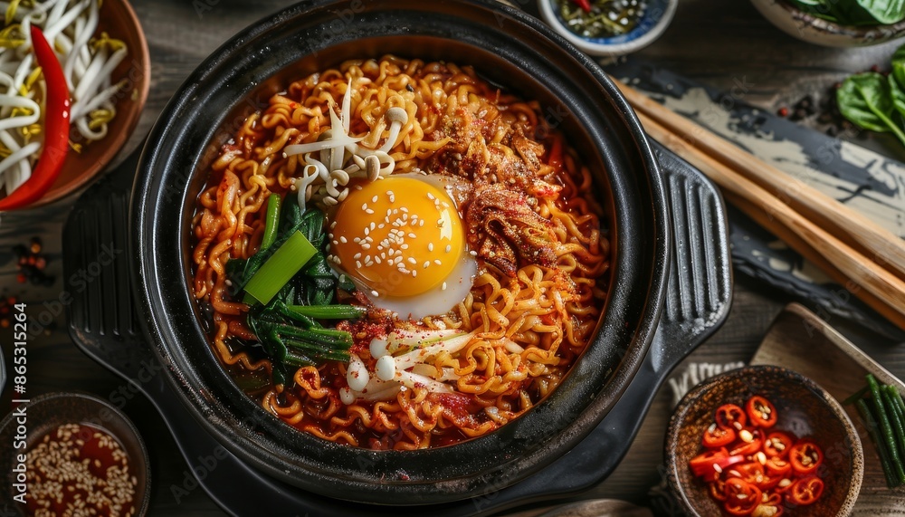 Preparing a Korean ramyeon or ramyun noodle dish with spicy flavor egg ...
