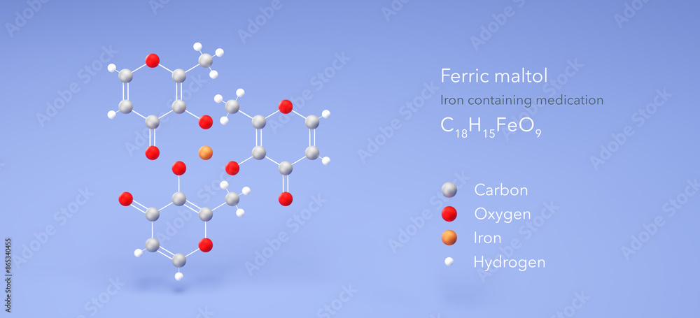 ferric maltol molecule, molecular structure, iron containing medication ...