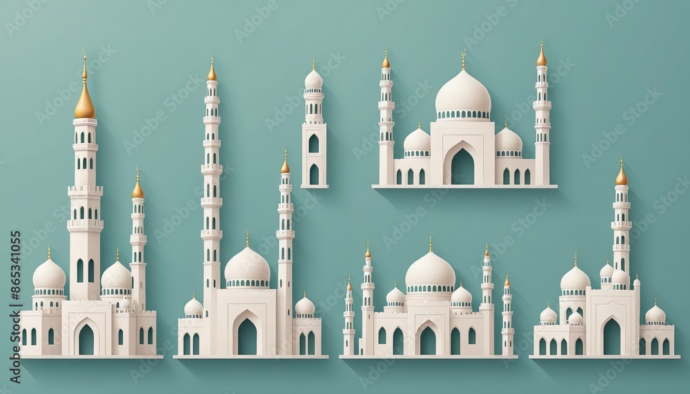 icon set vector art design. mosque. minaret. church. dome. pastel color ...