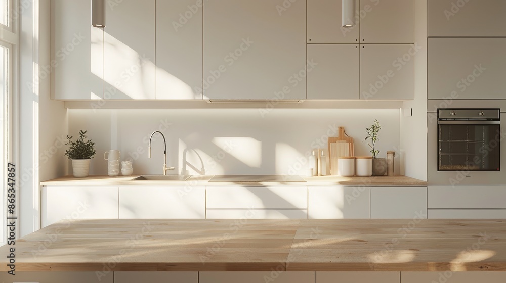 3D rendering of a modern kitchen cabinet in a luxury house. Empty ...