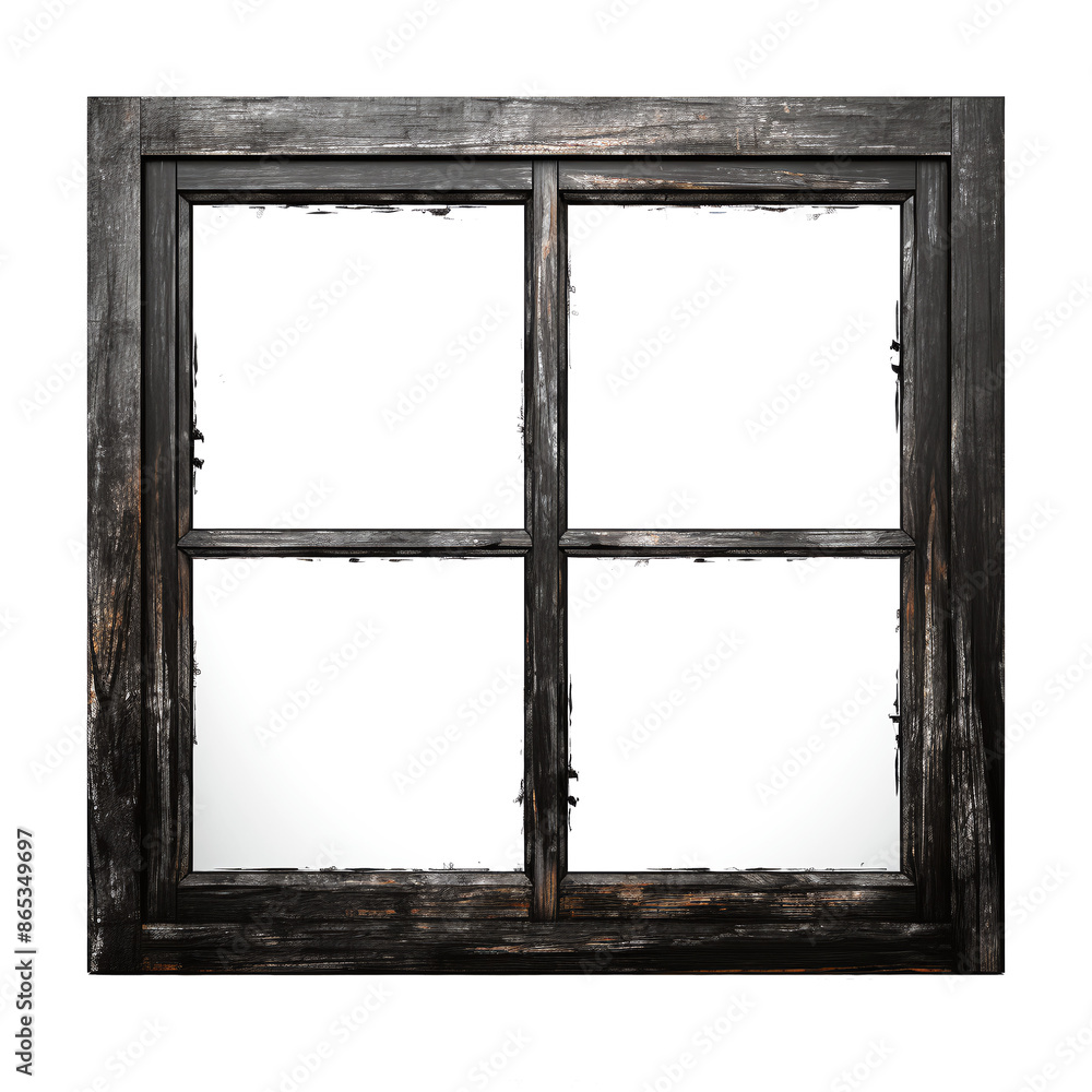 Black Old apocalyptic wood window frame. Isolated transparent background PNG. Grunge cracked and ...