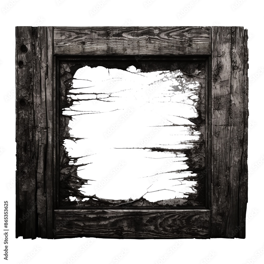 Black Old apocalyptic wood window frame. Isolated transparent background PNG. Grunge cracked and ...