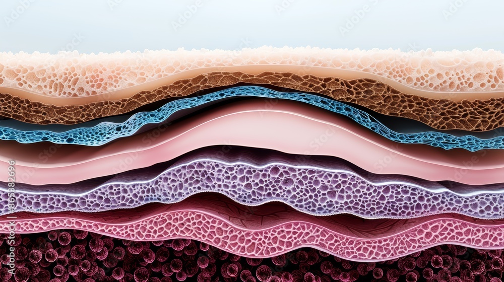 Detailed cross-section of human skin, illustrating epidermis, dermis ...