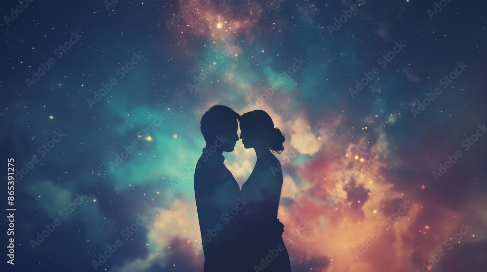 Romantic Couple Silhouette Embracing Under Vast Starry Night Sky with ...