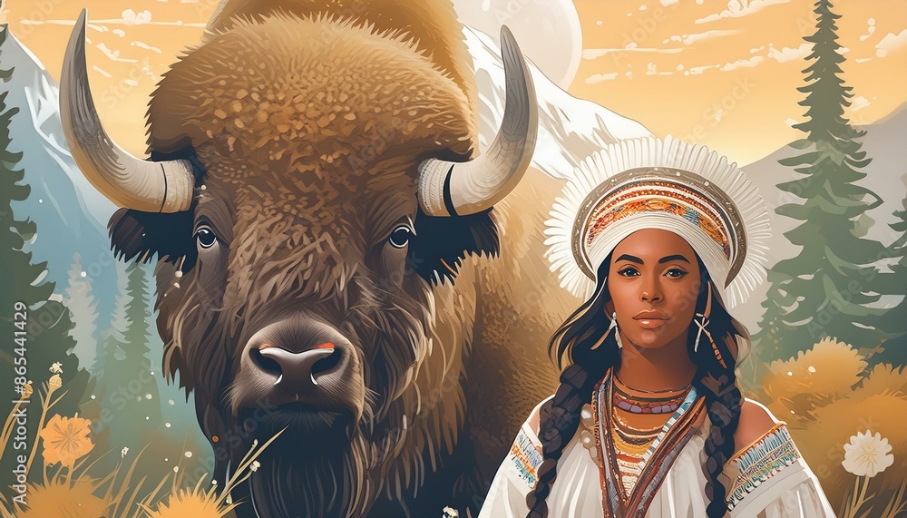 Stock-Illustration „Native American female and a bison illustration ...