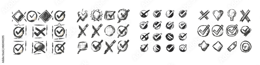 Symbol set of check marks. Hand drawn check boxes, examination marks ...