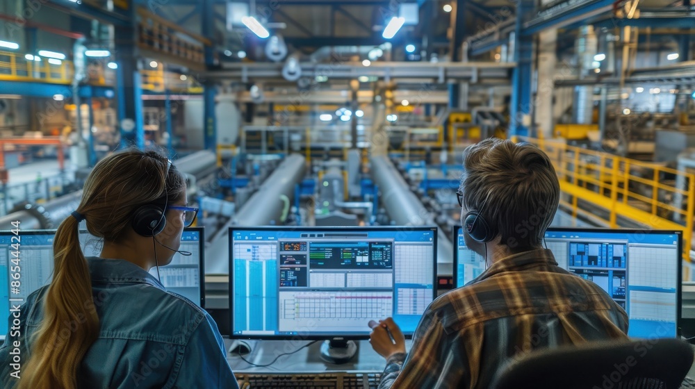 Two engineers monitor manufacturing process in a factory using computer ...
