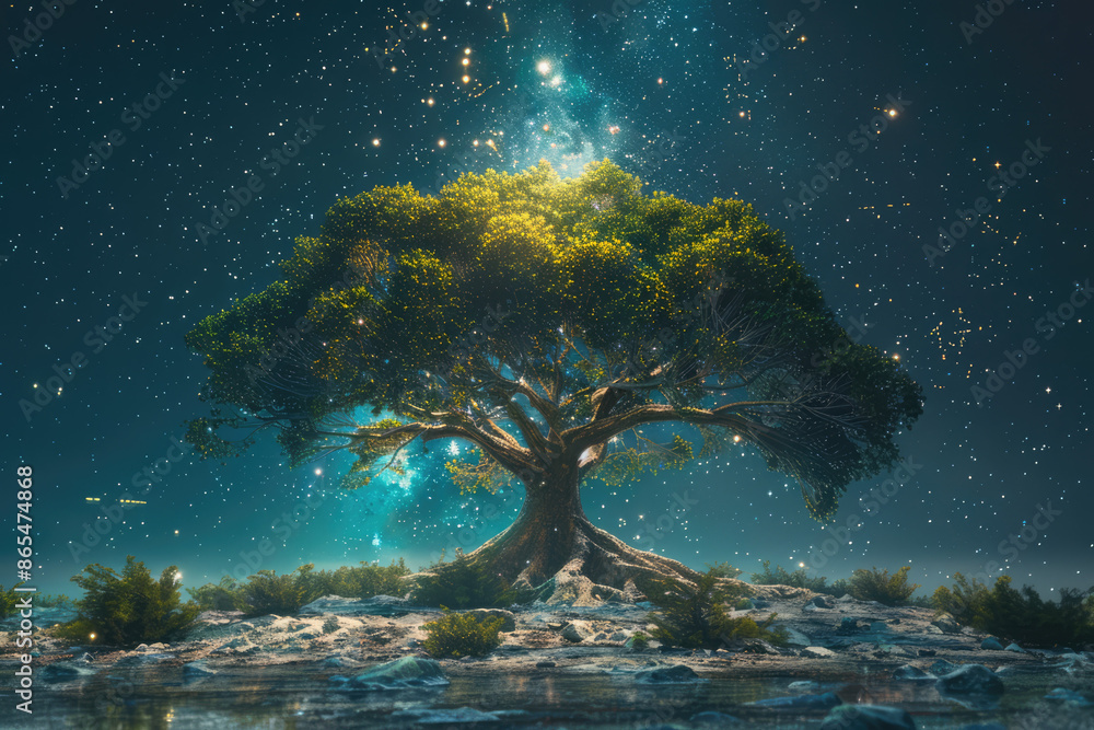 the tree of life, Axis mundi tree with the polar star above Stock ...