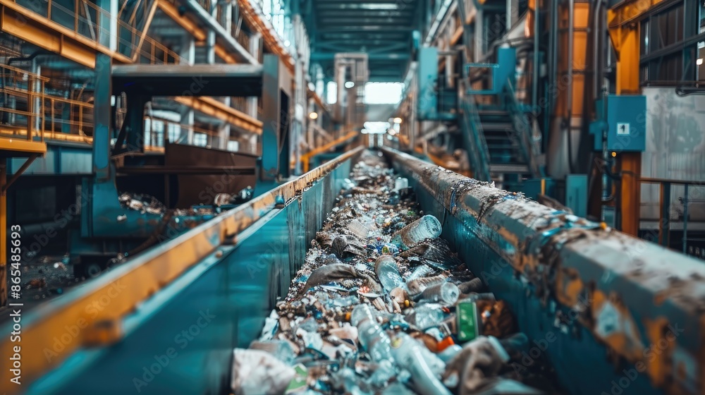 Conveyor belt is filled with trash, including bottles and cans. Concept of waste and pollution ...
