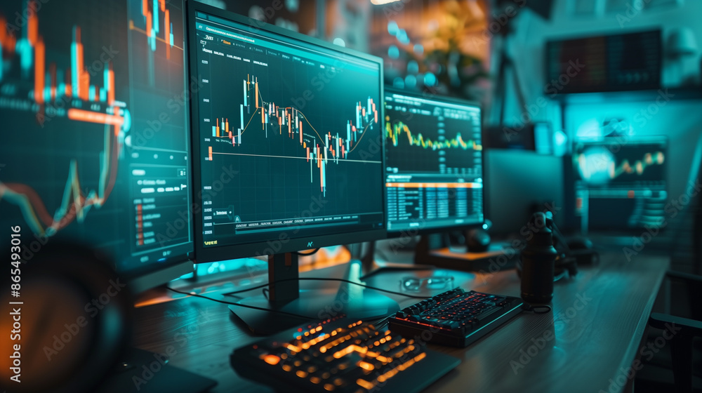 Data Analysis Hub. A dual-monitor setup displaying financial charts and ...