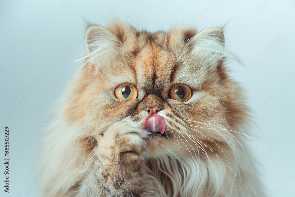 Cute fluffy Persian cat licking its paw with big round eyes, sitting ...
