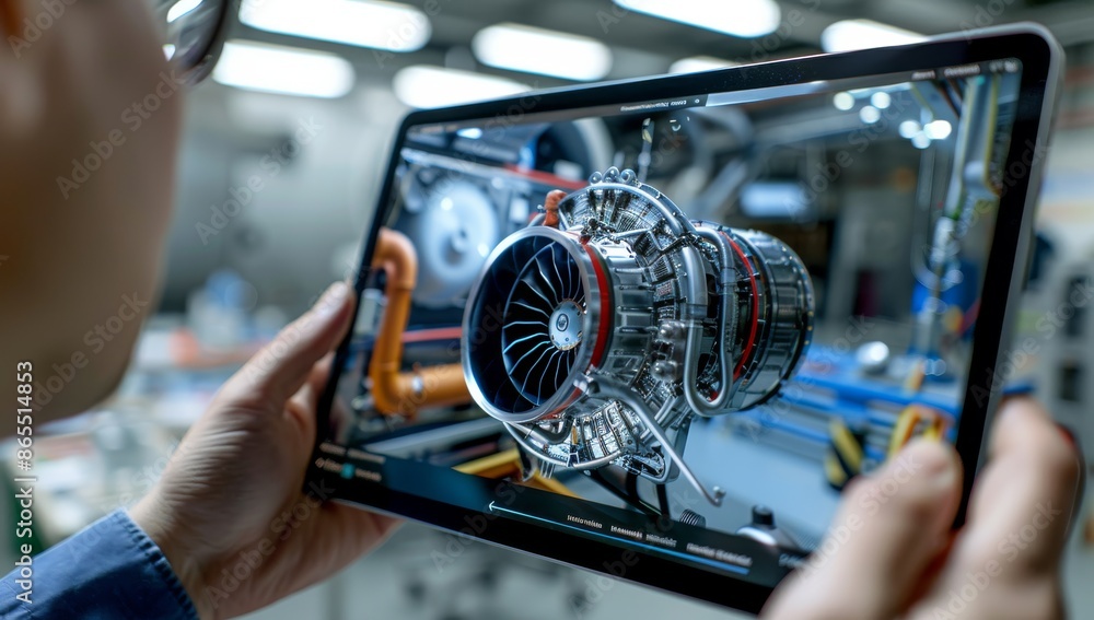 Engineer using iPad Pro to visualize detailed 3D rendering of turbojet ...