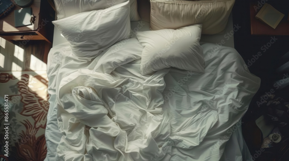 messy unmade bed with white sheets and pillow top view inviting cozy ...