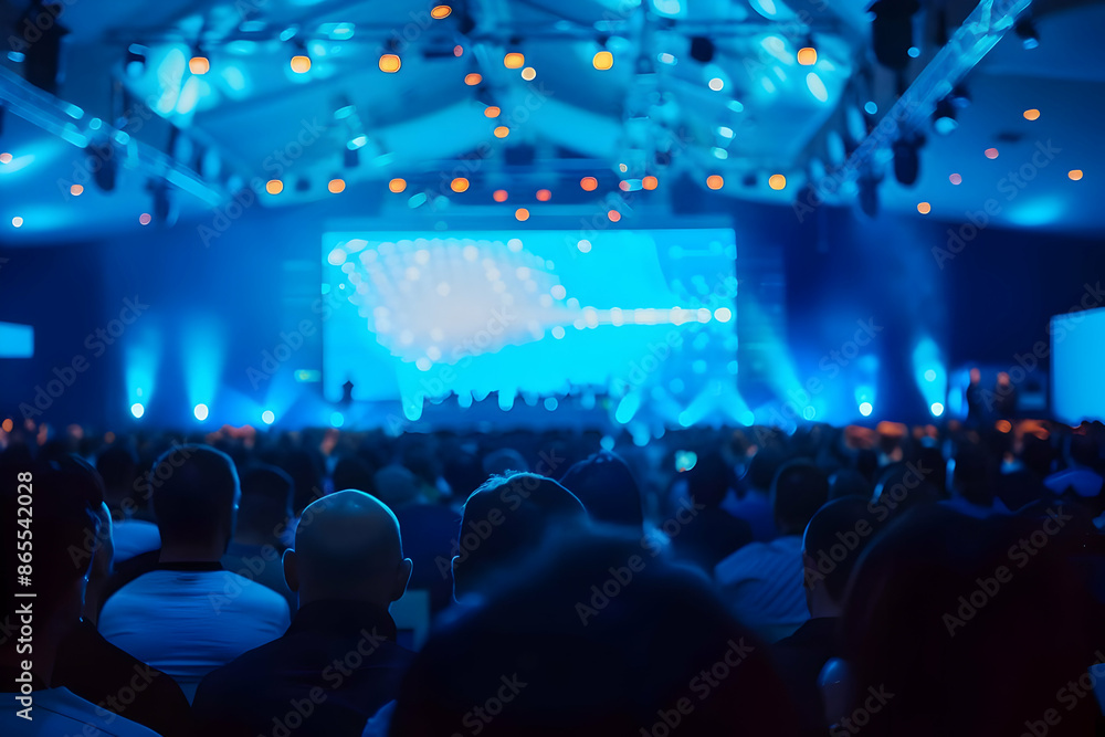 A large audience attending a blue-lit conference or event in a spacious ...