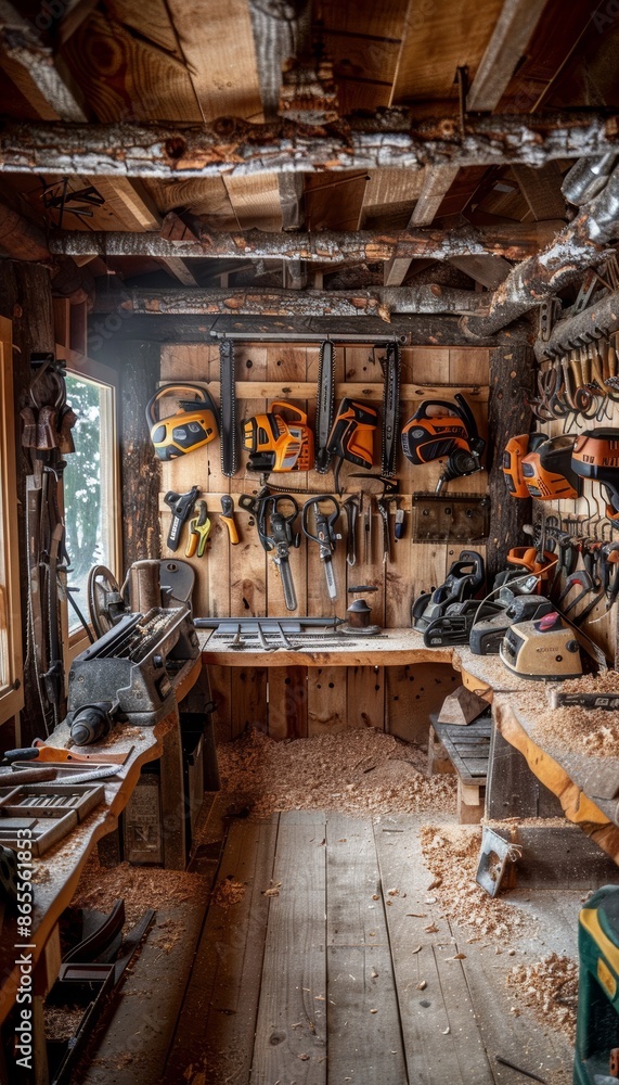 Rustic Woodworker's Shed with Chainsaws and Tools, Perfect for ...