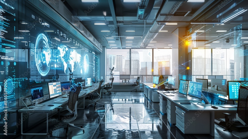 Futuristic office with transparent walls and advanced computer systems ...