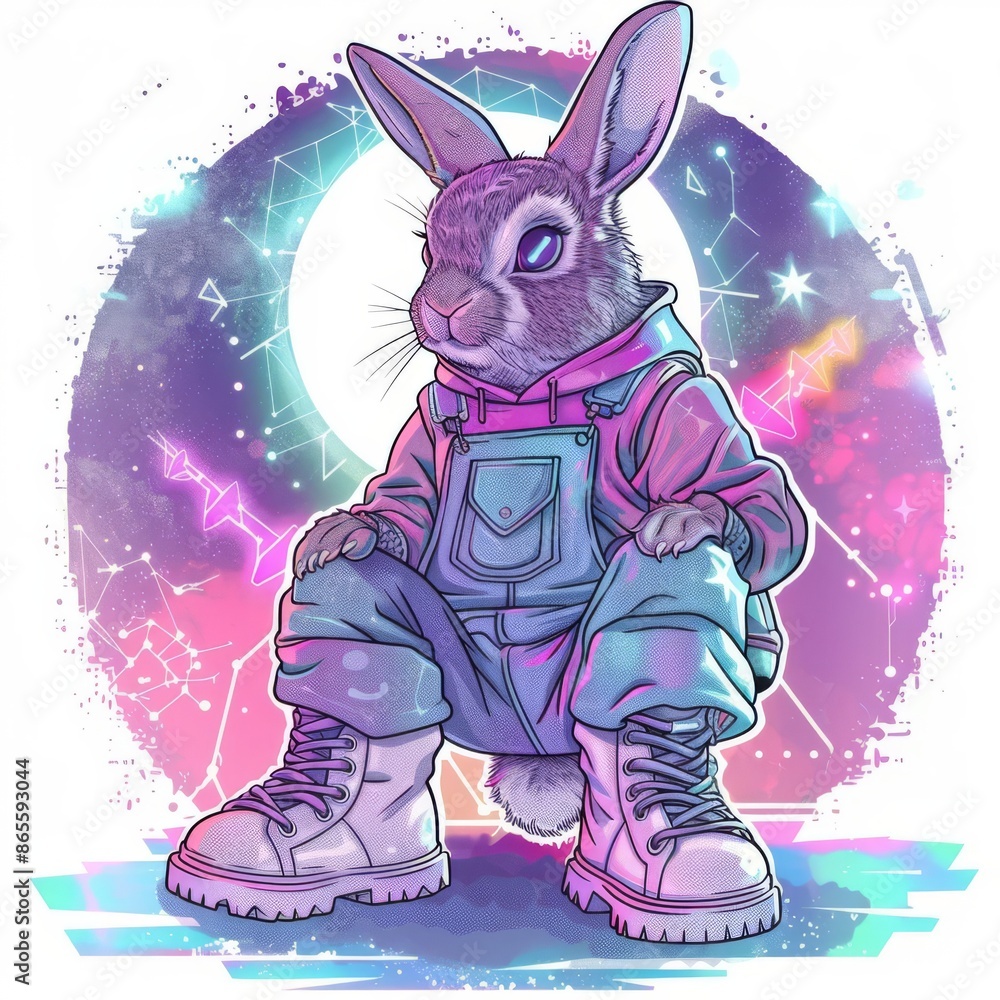 Whimsical kawaii illustration of a rabbit with oversized moon boots ...
