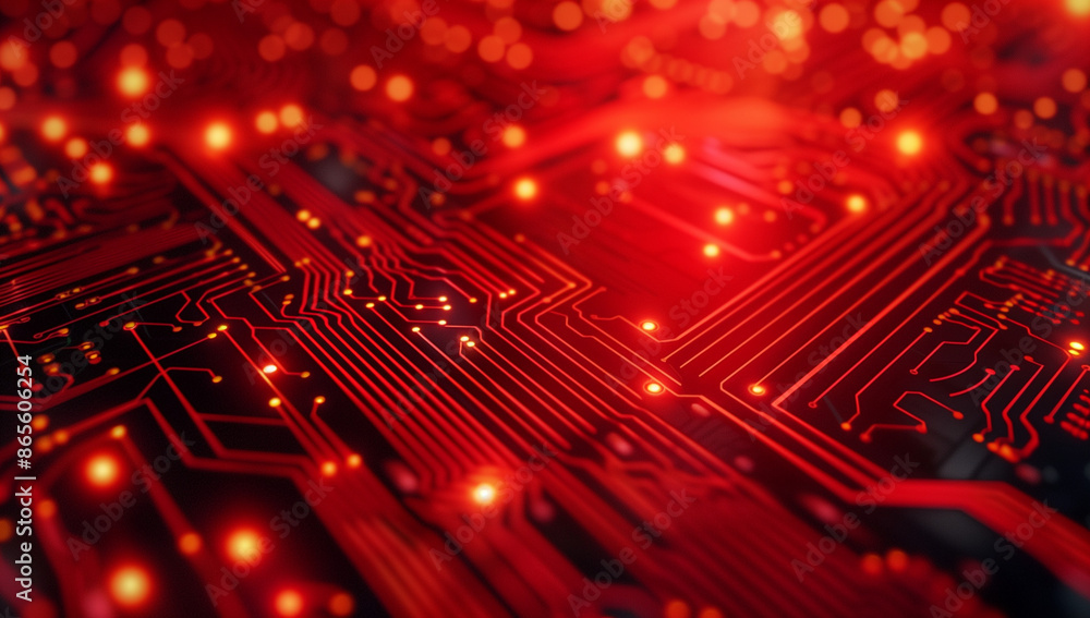 Red digital background with circuit board patterns and glowing lights ...