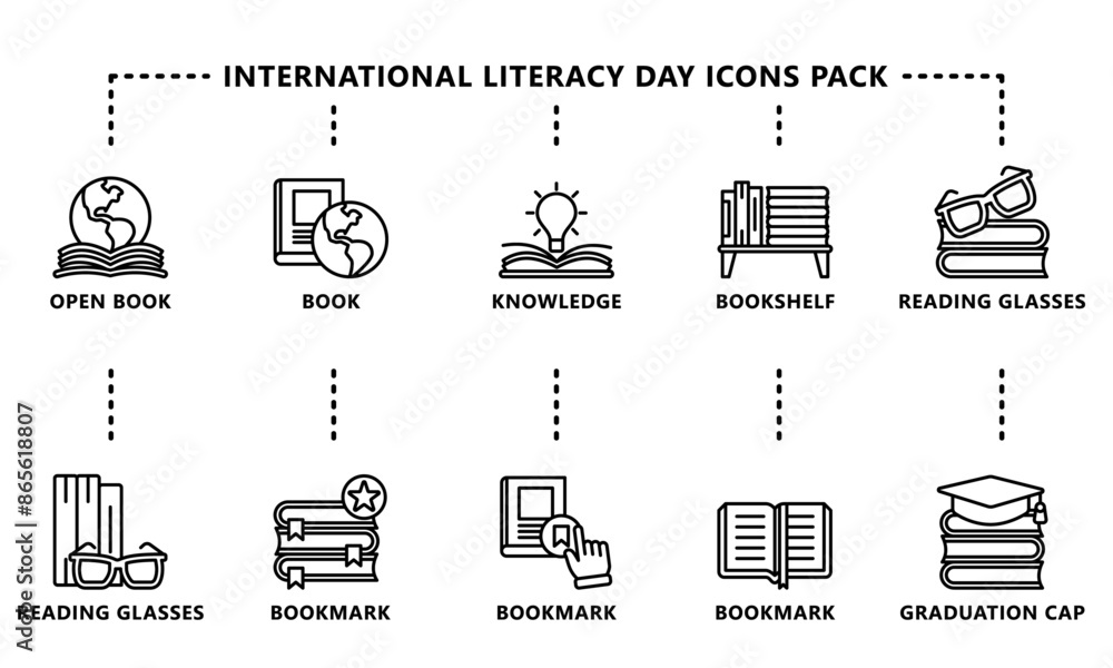 International Literacy Day black outline icons pack. contain book ...