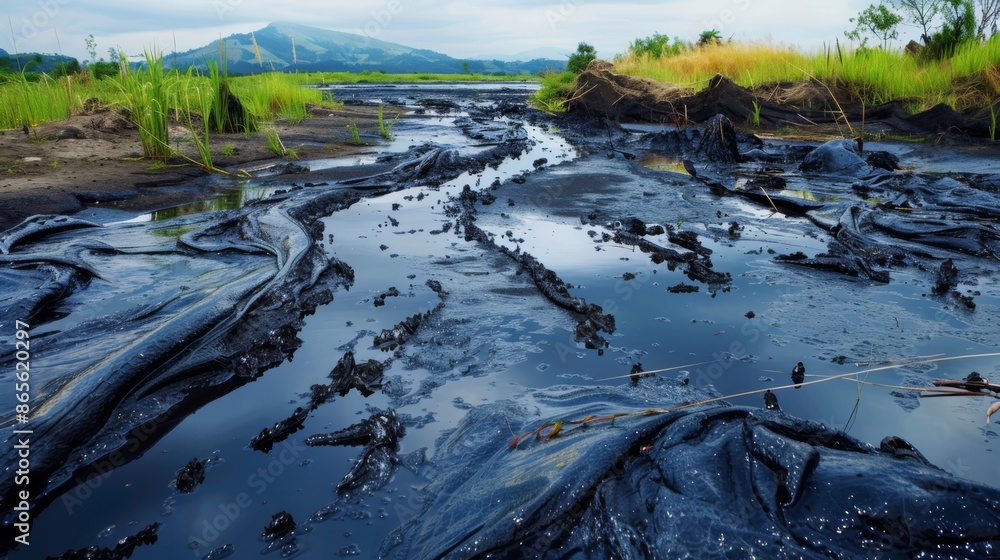 Extensive oil spill contaminating a wetland area, with thick black oil ...