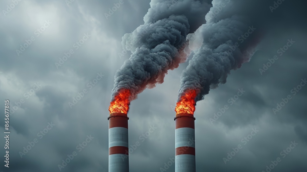 Smokestacks belching out pollutants into a gloomy sky, creating a vivid ...