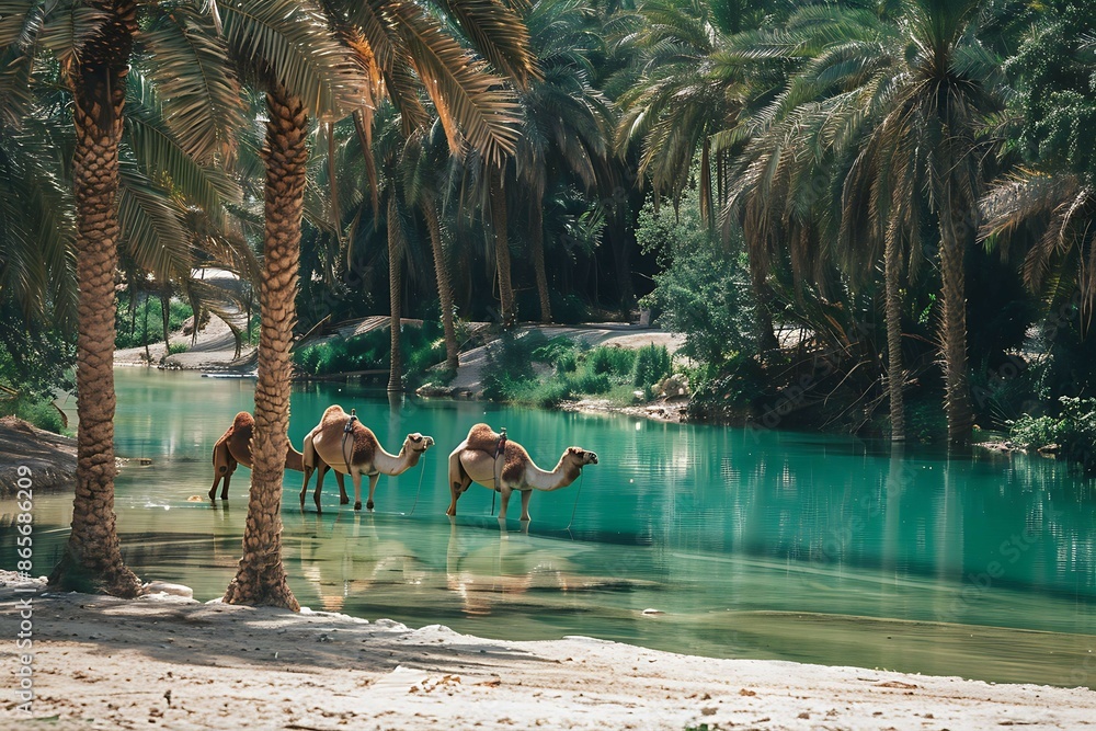 Serene oasis heart of Arabian Desert lush palm tree clear turquoise ...